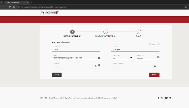 Case IH Registration Page
